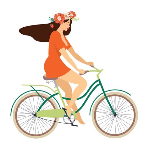Pretty Brunette On A Green City Bike Isolated Illustration For Web And