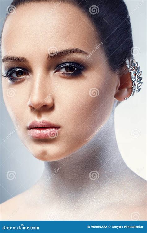 Beauty Beautiful Woman Face With Red Lipstick On Plump Full Lips Stock