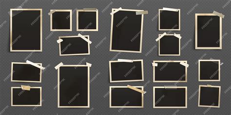 스티커 테이프가 있는 앨범 페이지에 첨부된 빈티지 사진의 현실적인 콜라주 투명한 배경에 격리된 흰색 프레임의 정사각형 및 직사각형 빈 종이 사진의 벡터 그림 무료 벡터
