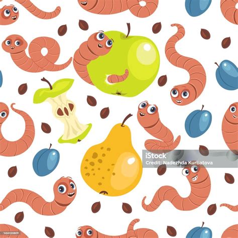 재미 있는 토양 벌레 원활한 패턴입니다 과일을 가진 귀여운 만화 캐릭터 정원 거주자 쓰레기 먹는 사람 자두와 지렁이 사과 씨앗