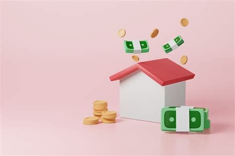 분홍색 배경에 동전과 지폐를 집과 쌓기 부동산 자산 재정 예산 또는 사업 투자 주택 구입을위한 돈 절약 부동산 임대 모기지 대출