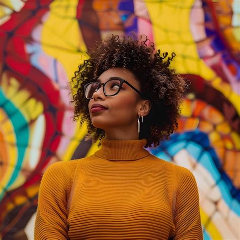 Woman With Curly Hair And Glasses Looking Up Premium Ai Generated Image