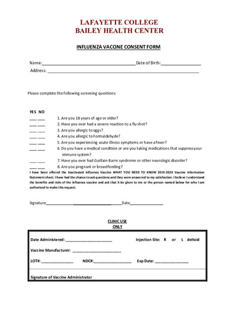 Fillable Online Healthcenter Lafayette Influenza Vaccine Consent Form