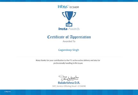 Gagandeep Singh On Linkedin 2nd Infosys Insta Award Appreciation