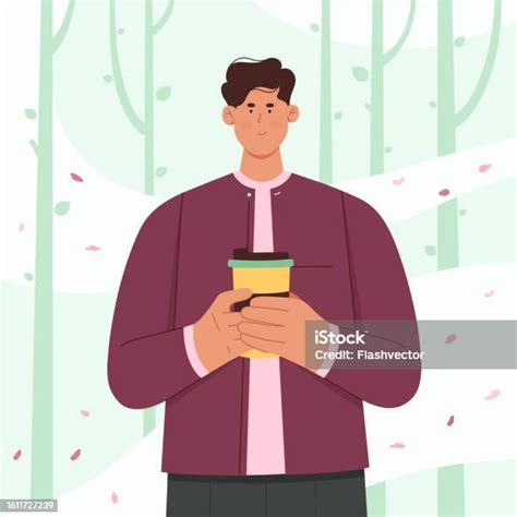 봄 공원에서 커피를 마시는 남자 나무와 날아다니는 벚꽃잎 사이의 남성 캐릭터 남자에 대한 스톡 벡터 아트 및 기타 이미지