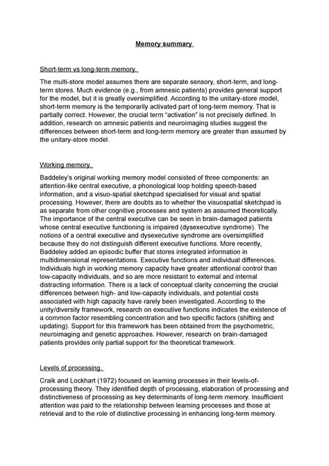 Memory Summary Memory Summary Short Term Vs Long Term Memory The