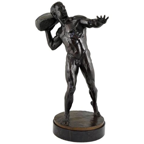 Antique Bronze Sculpture Male Nude With Stone Hugo Siegwart H 36 Inch