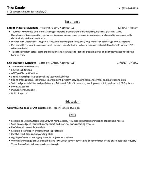 Materials Manager Resume Sample At Oscar Trundle Blog