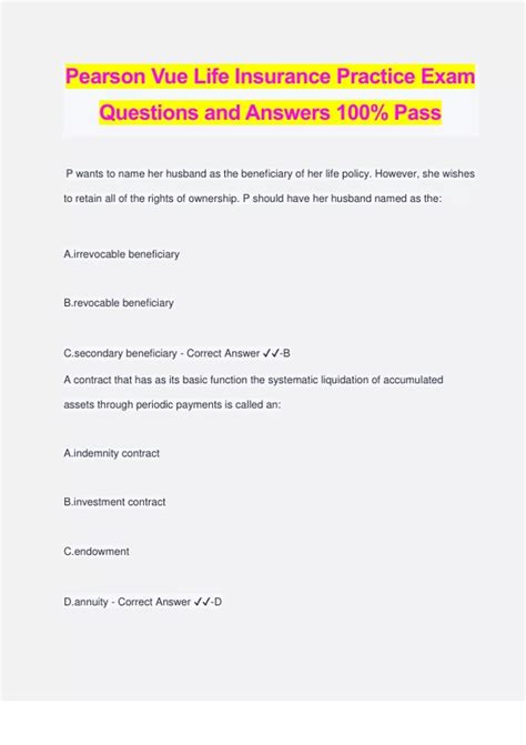 Pearson Vue Life Insurance Practice Exam Questions And Answers 100 Pass Pearson Vue Insurance