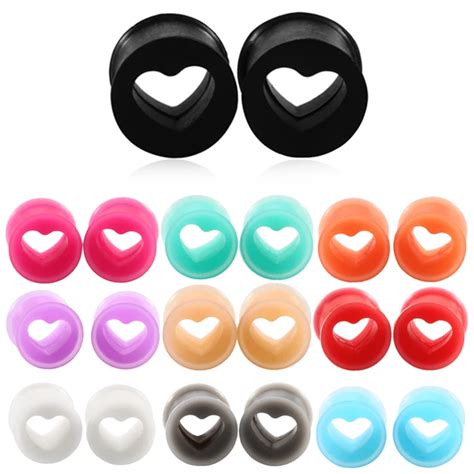 Pair Silicone Hollow Heart Shape Ear Tunnel Plug Gauges Assorted Colors