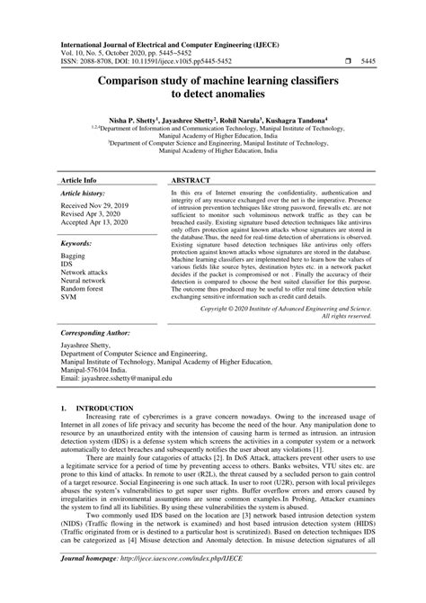 Pdf Comparison Study Of Machine Learning Classifiers To Detect Anomalies