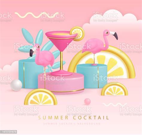 3d 플라스틱 칵테일 열대 과일 및 플라밍고가있는 여름 칵테일 파티 포스터 여름 배경입니다 벡터 그림 모델하우스 내부에 대한