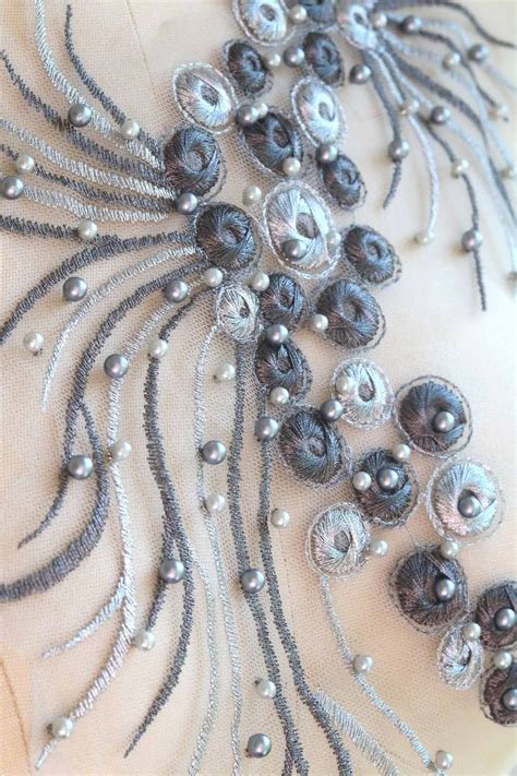 Silver And Ash Brown 3d Pearl Beaded Lace Applique With Birds Nest Design Etsy Pearl Beads