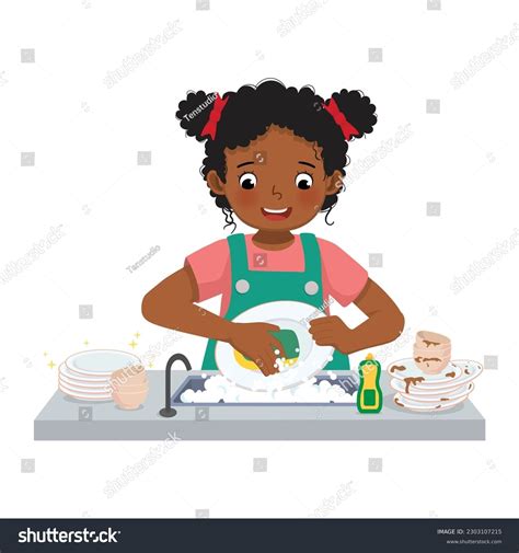 Cute Little African Girl Washing Dishes Stock Vector Royalty Free 2303107215 Shutterstock