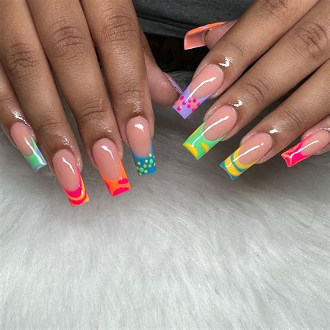 Pink Tip Nails Neon Acrylic Nails French Manicure Nails Long Square