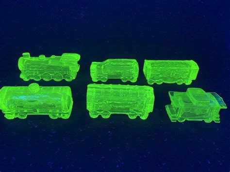 6pc Green Vaseline Glass Train Set Steam Engine Caboose Railroad Car