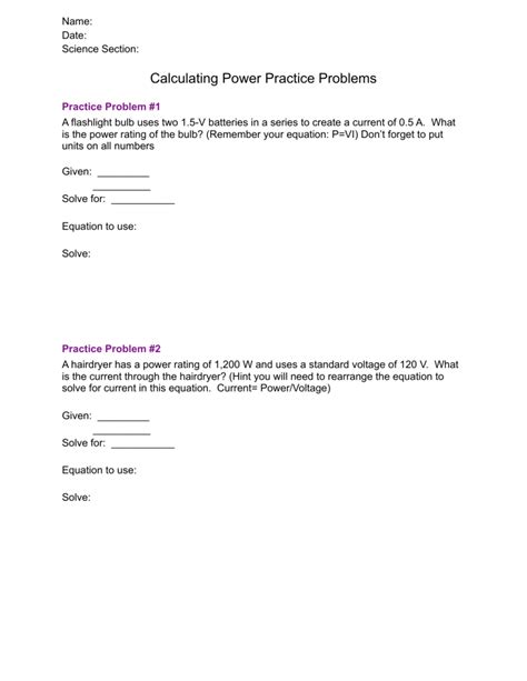 Calculating Power Practice Problems Worksheet