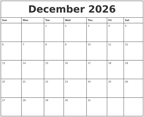 Printable December 2026 Calendar
