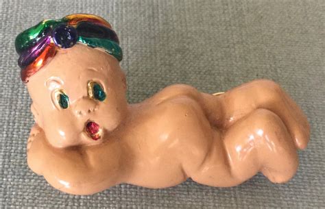 Rarest JACKY De G FRANCE Signed Naked BABY Girl Brooch Pin Multicolor