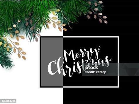 벡터 일러스트 레이 션 핸드 레터링 라벨메리 크리스마스현실적인 전나무 나무 가지와 장식 구슬 분기 배너 서식 파일 인사말의 0