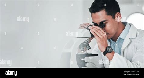 Microscope Science And Banner Of Man In Laboratory For Research Analysis And Studying Genes