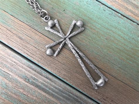 Vintage Pewter Cross Pendant Necklace 1960s Gem