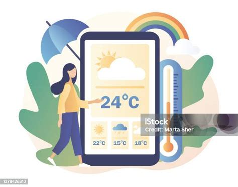 스마트 폰 응용 프로그램에서 일기 예보를보고 작은 소녀 온라인 일기 예보 태양 구름 바람 뇌우 비 기상 과학 현대 플랫 만화 스타일 벡터 일러스트레이션 개념에 대한 스톡