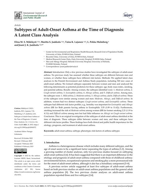 Pdf Subtypes Of Adult Onset Asthma At The Time Of Diagnosis A Latent