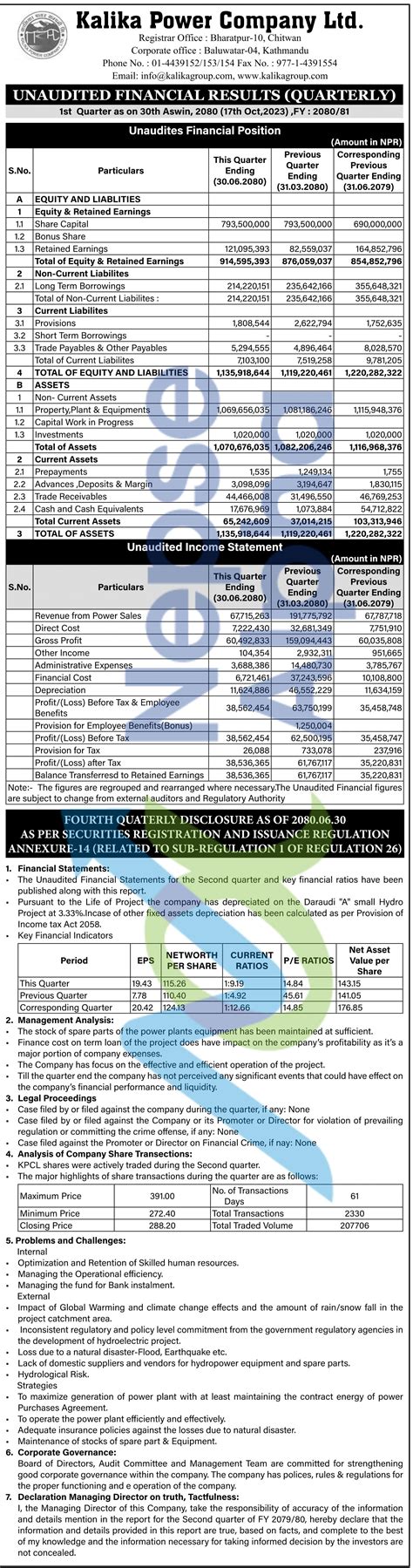 कालिका पावर कम्पनी लिमिटेड Kpcl को आ व २०८० ८१ को पहिलो त्रैमासिक विवरण