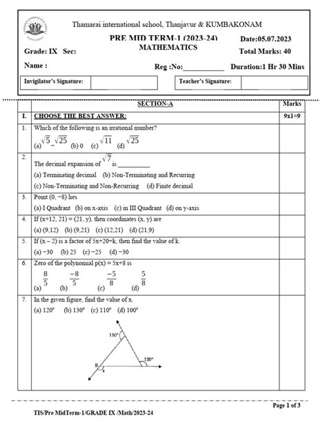 Grade 9 Maths Pmt 1 Qp Pdf Cartesian Coordinate System Elementary Mathematics