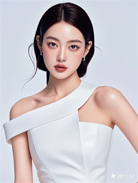 精致容颜，细节五官，全身，美女，五官精致，深邃眼眸，浅唇色 时尚摄影一个女人穿着白色礼服在摄影棚，品牌代言人，在全息的风格，白色背景，大久保直美，人物居中，细节完美 花瓣网