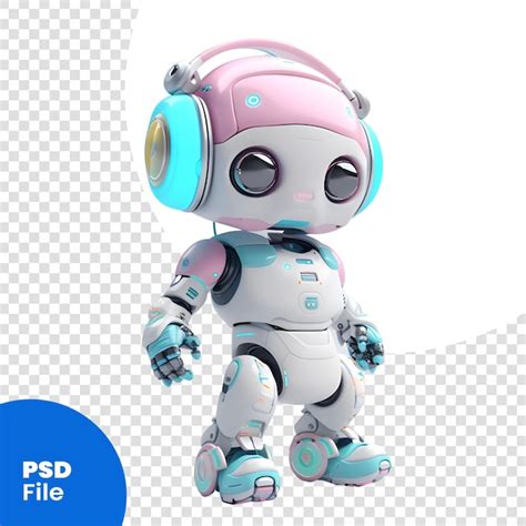 흰색 배경 Psd 템플릿에 헤드폰이 있는 귀여운 로봇의 3d 렌더링 프리미엄 Psd 파일