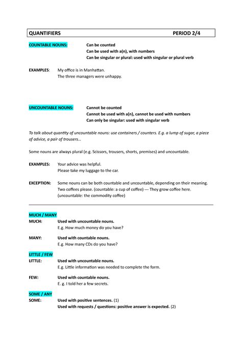 Quantifiers QUANTIFIERS PERIOD COUNTABLE NOUNS Can Be Counted Can Be Used With A N With