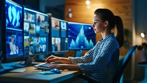 Premium Photo Female Security Guard Monitoring Surveillance Screens At Night