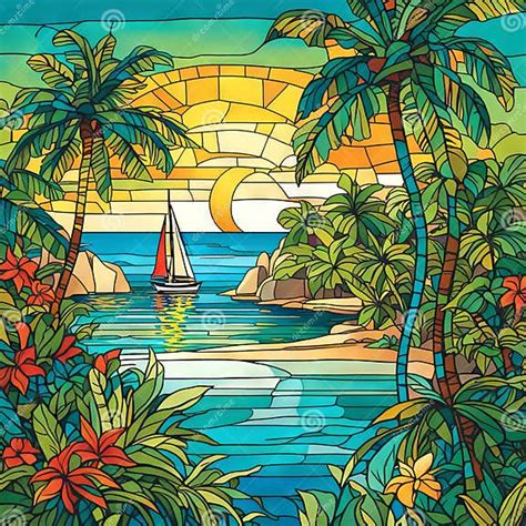 Tropical Beach Stained Glass Art With Palms Sailboats And Ocean Views