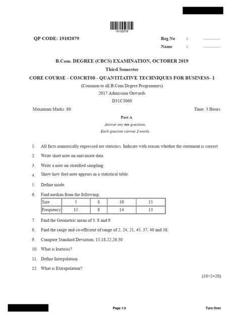 Bcom 3 Sem Quantitative Techniques For Business 1 19102079 Oct 2019