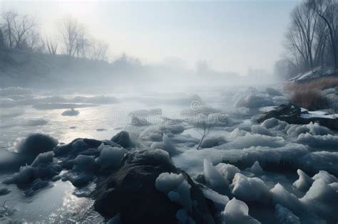 Frozen River With Broken Ice Forming Cracks And Crevices And Mist