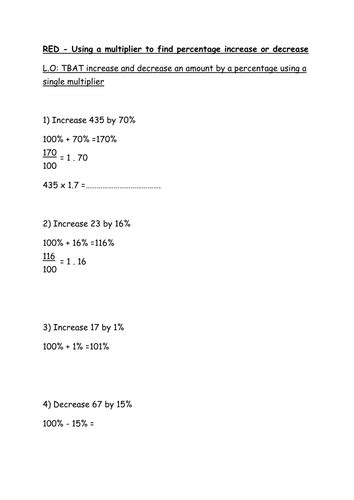 Percentage Increase Decrease Using A Single Multiplier Teaching Resources