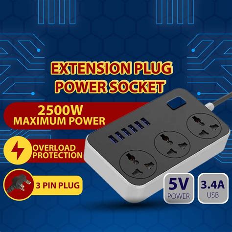 🍋 [2m Cable] 6 Usb Pors Univeral Extension Power Socket Plug Extension Cords Electric Socket