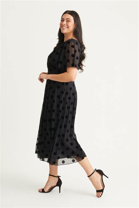 Victoria Black Velvet Flock Angel Sleeve Mesh Long Midi Dress