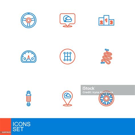 자동차 레이싱 헬멧 쇼크 업소버 트랙 속도계 기어 시프터 스포츠 우승자 연단 및 아이콘에 대한 라인 알로이 휠을 설정합니다 벡터 거리에 대한 스톡 벡터 아트 및 기타 이미지
