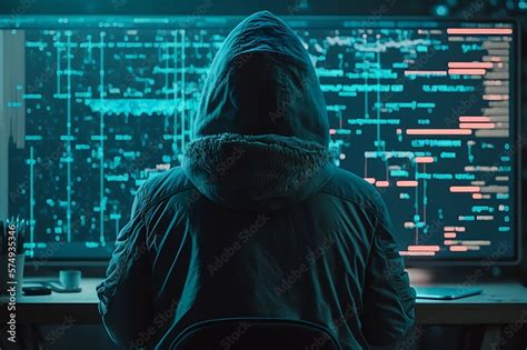 A Hacker Wearing Hoodie And Run Codes On A Virtual Screen Stock Illustration Adobe Stock