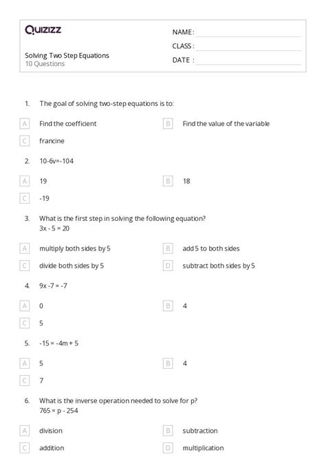 50 Two Step Equations Worksheets For Grade 6 On Quizizz Free And Printable