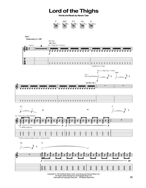 Aerosmith Lord Of The Thighs Sheet Music And Chords Download 12 Page