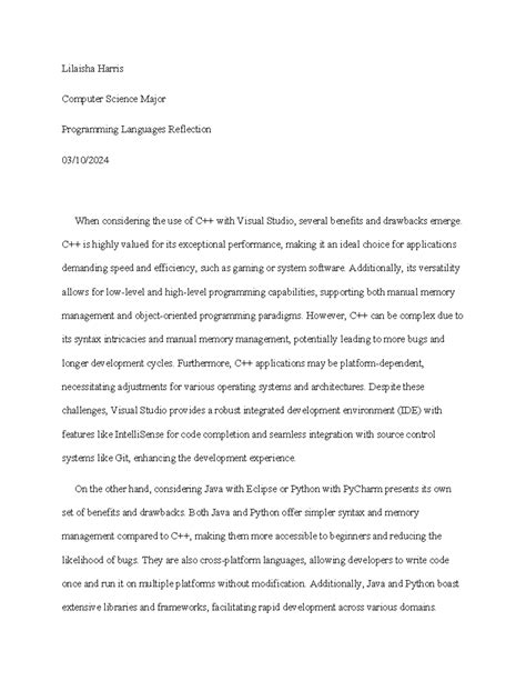 Programming Languages Reflection Lilaisha Harris Computer Science Major Programming Languages