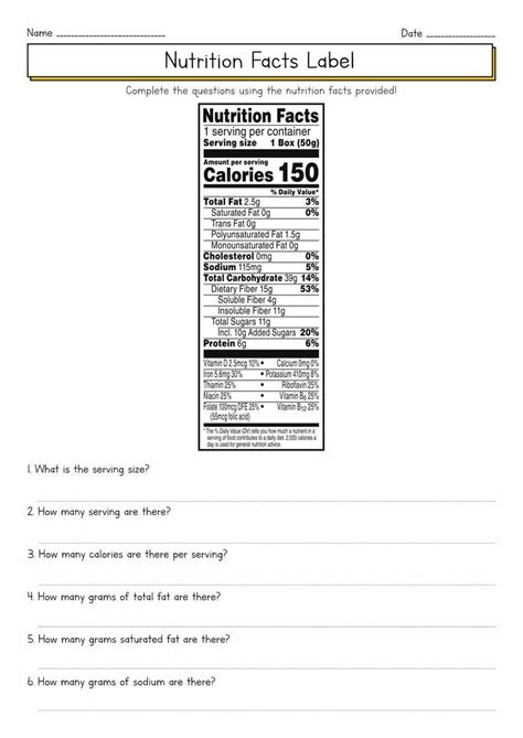 Reading Labels Worksheets With Questions Nutrition Facts Label