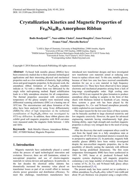 Pdf Crystallization Kinetics And Magnetic Properties Of Fe40ni40b20 Amorphous Ribban