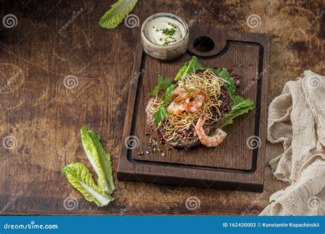 Surf And Turf Or Beef Steak With Shrimps On Top Stock Image Image Of