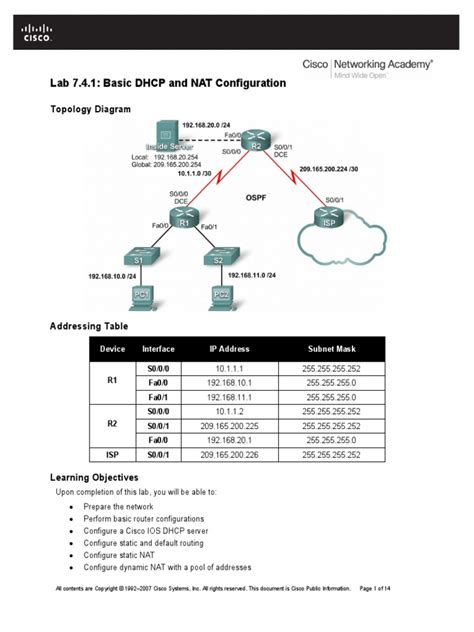 Lab 741 Basic Dhcp And Nat Configuration Topology Diagram Pdf Ip Address Router