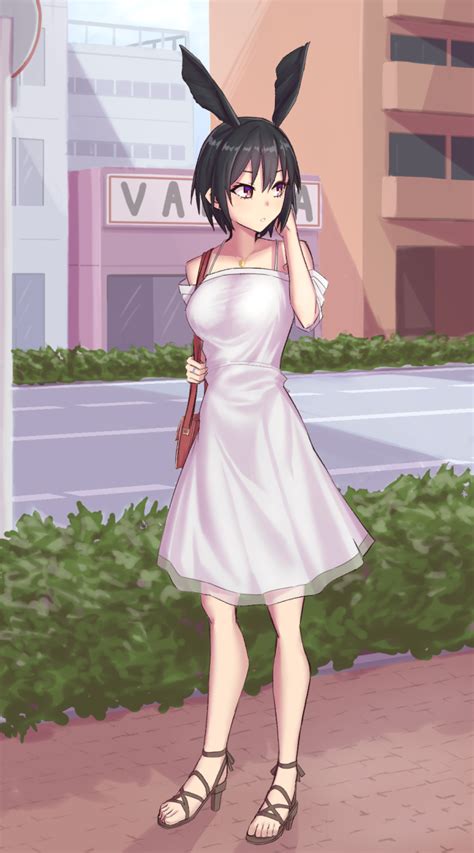 Safebooru 1girl Adjusting Hair Bag Bare Shoulders Black Hair Breasts